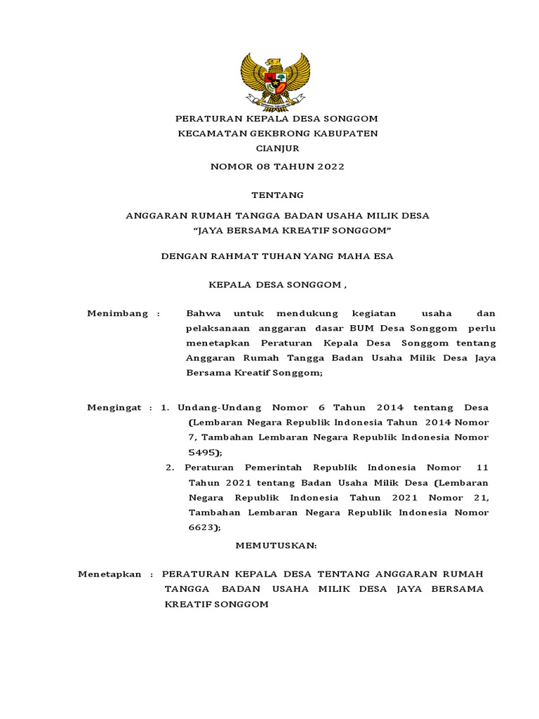 Peraturan BUM Desa Jaya Bersama Songgom | PDF