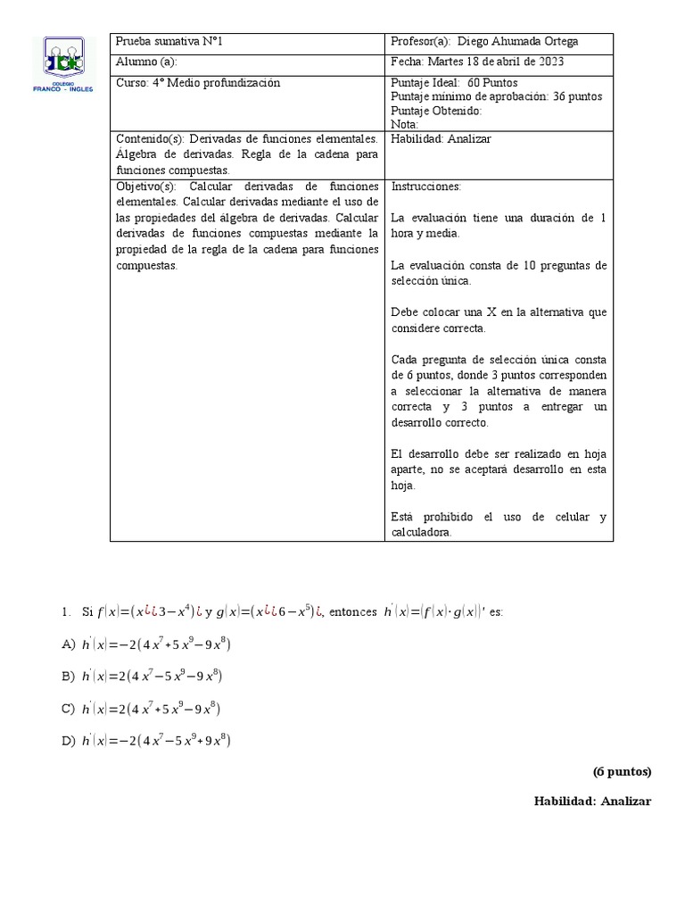 Prueba N°1 Matemáticas 4° Medio Profundización | PDF | Matemáticas