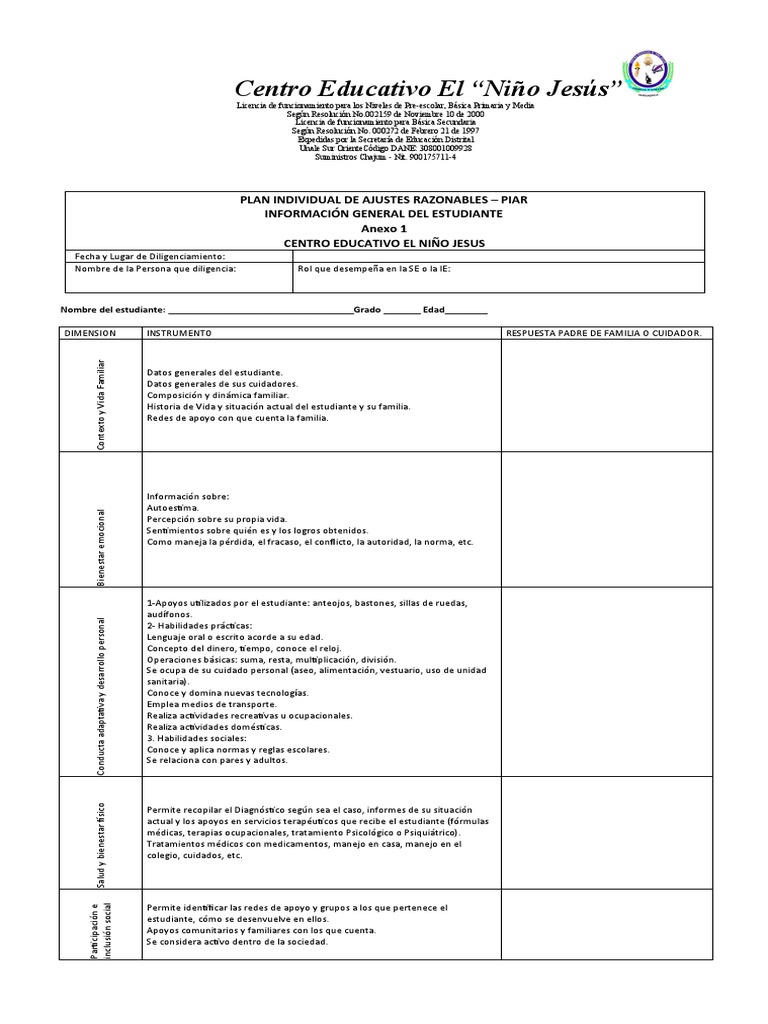 Formato Piar para Diligenciar | PDF | Educación de la primera infancia ...