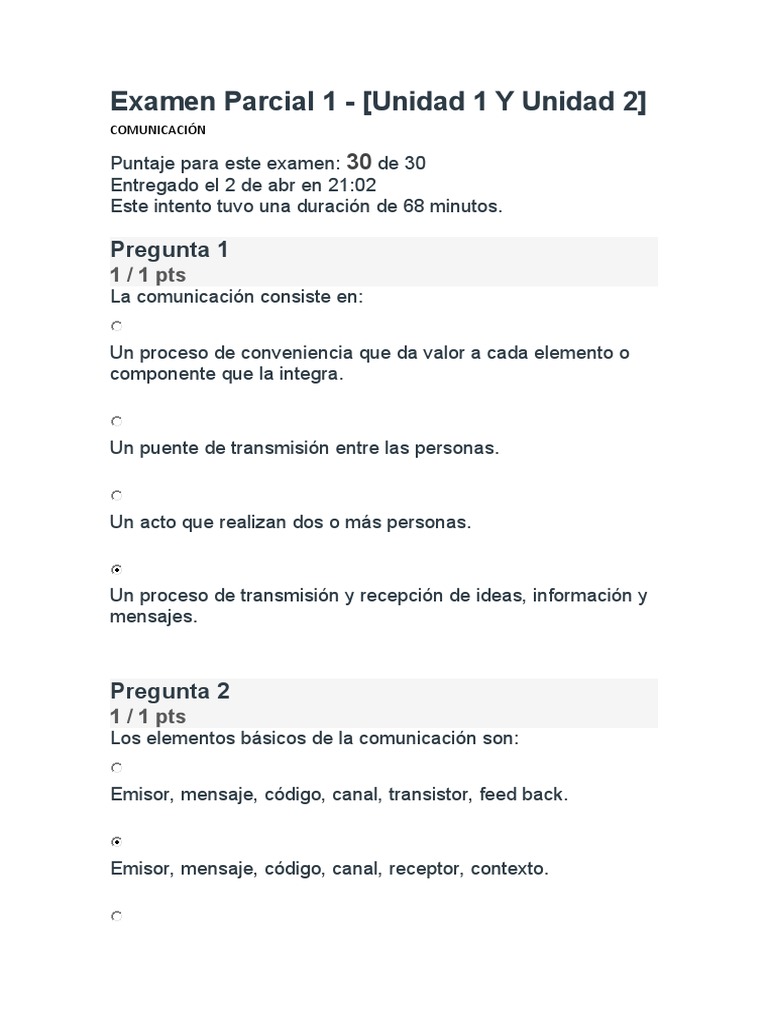 Examen Parcial 1 | PDF | Comunicación | Cognición