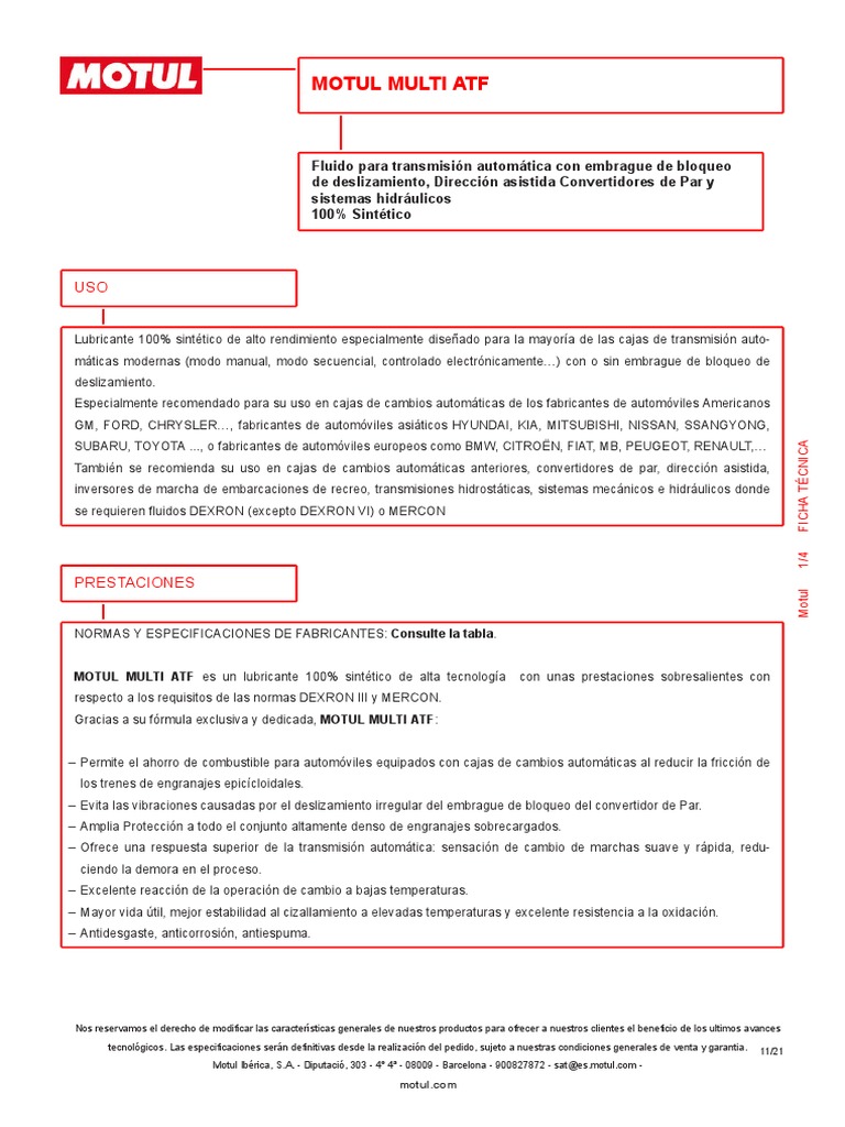 MULTI - ATF Ficha Técnica | PDF | Transmisión automática | Transporte