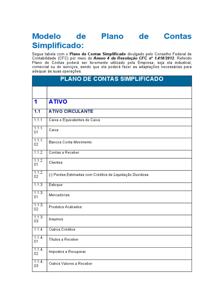 Plano de Contas Simplificado CFC | PDF | Contabilidade | Investimentos