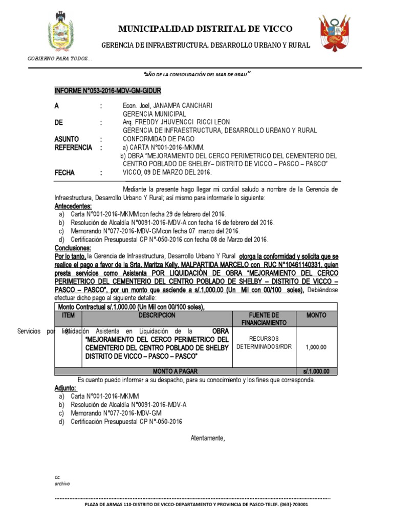 Informe #053-2016 Conformidad de Pago | PDF