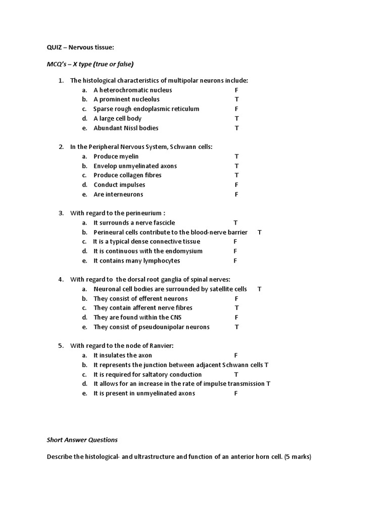 Quiz 9 - Nervous Tissue Answers | PDF | Axon | Neuron