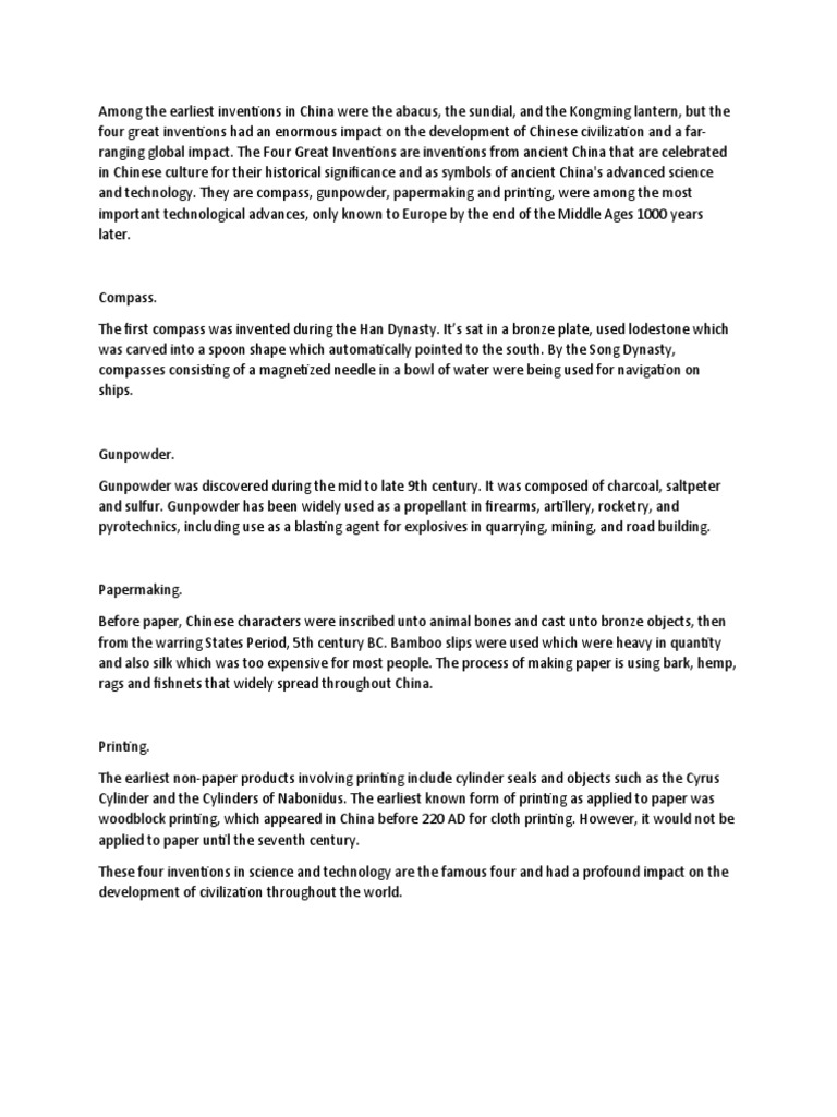 The Four Great Inventions Are Inventions From Ancient China That Are ...