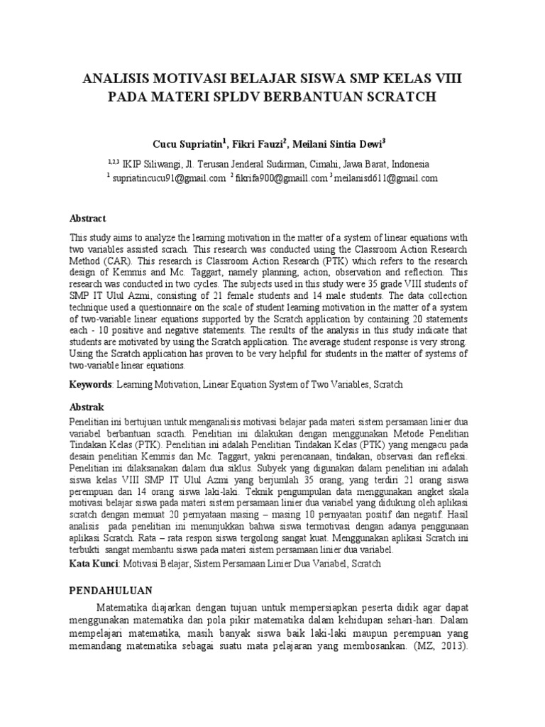 Analisis Motivasi Belajar Siswa SMP Kelas Viii Pada Materi SPLDV Berbantuan Scratch | PDF