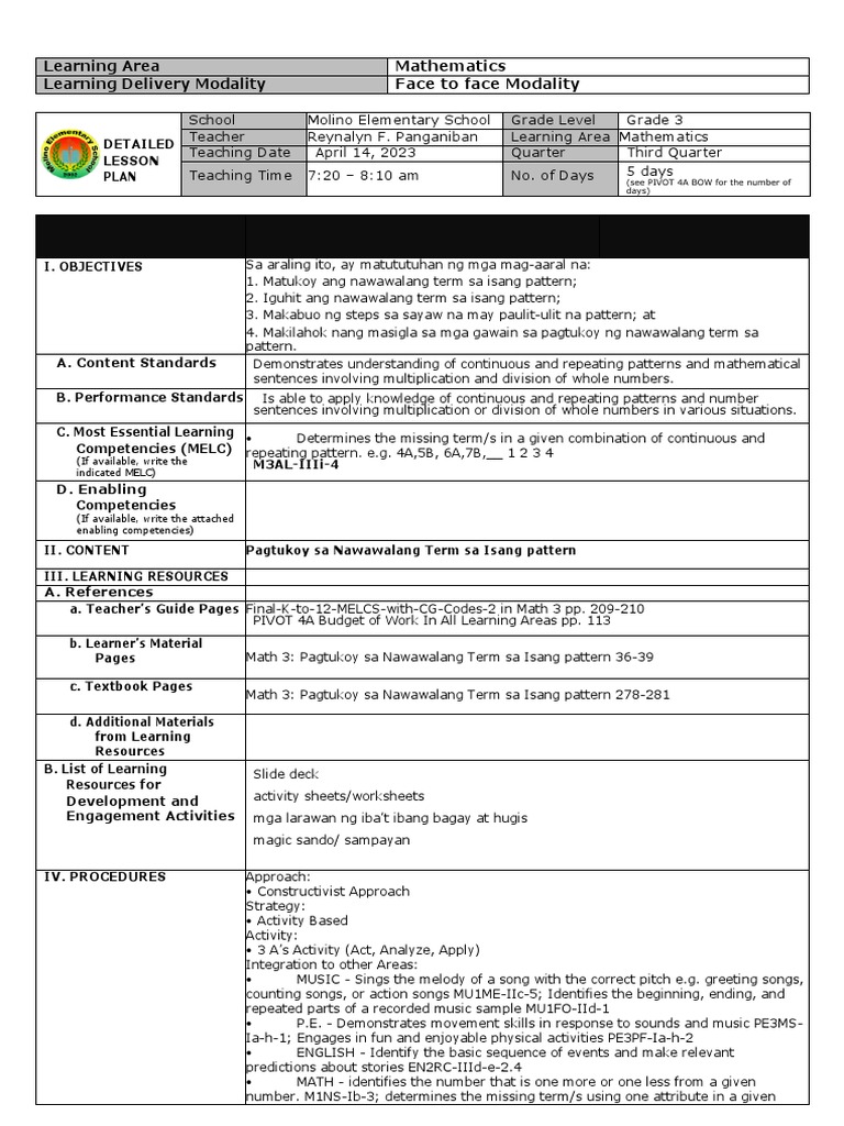 Learning Area Mathematics Learning Delivery Modality Face To Face ...