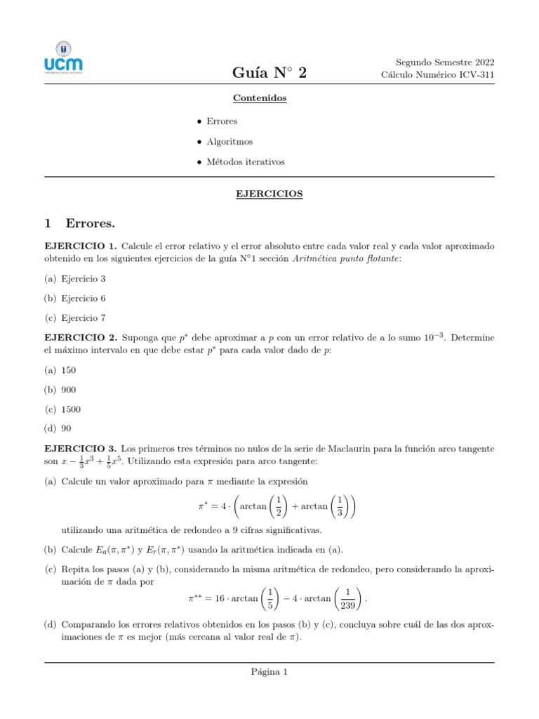 Guía Cálculo Numérico ICV-311: Errores, Algoritmos e Iteraciones | PDF ...