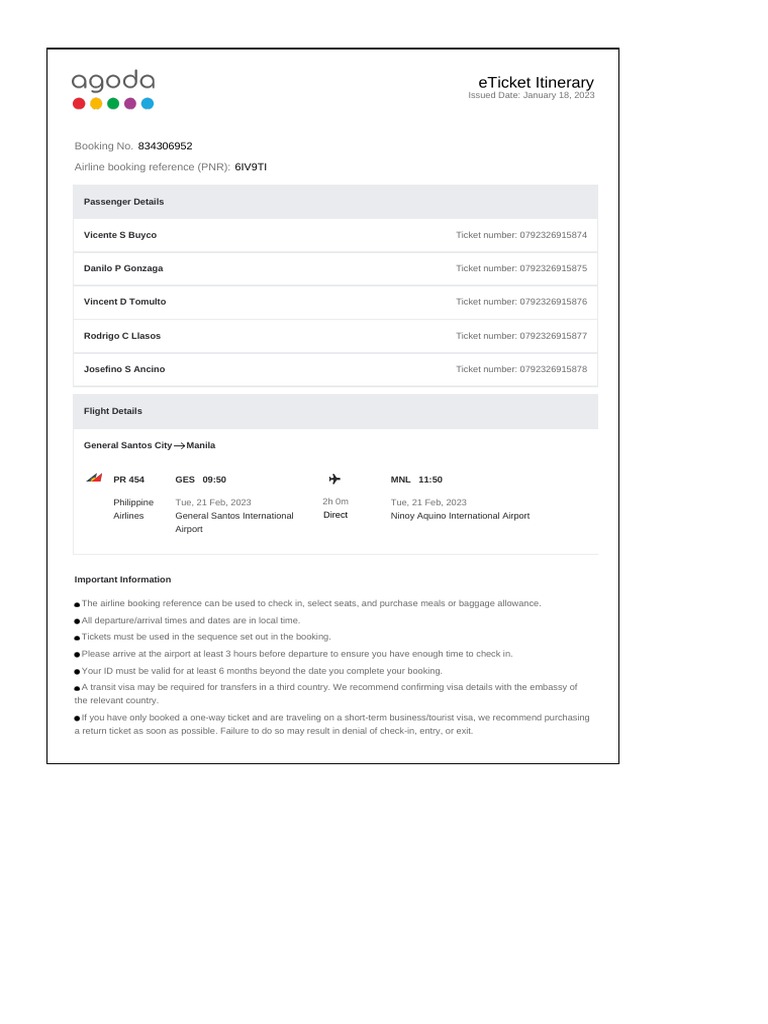 General Santos to Manila Flight Itinerary | PDF