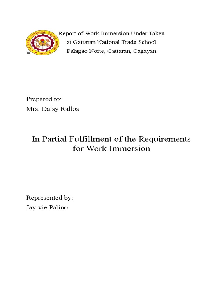 In Partial Fulfillment of The Requirements For Work Immersion | PDF ...