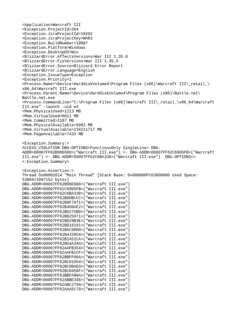 Warcraft III Access Violation Error Report with Detailed Thread and Memory Information | PDF ...