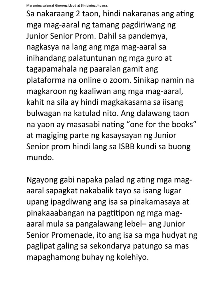 Speech For JS Prom 2023 | PDF