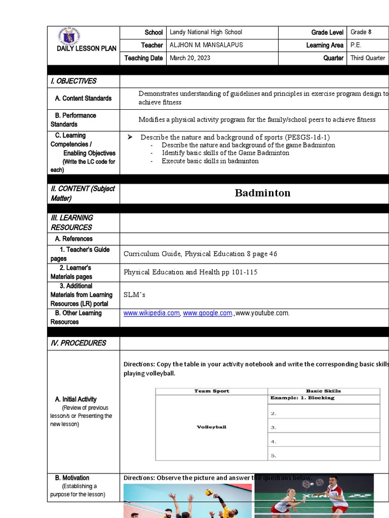 DLL PE8 March 20 2023 | PDF | Physical Education | Learning
