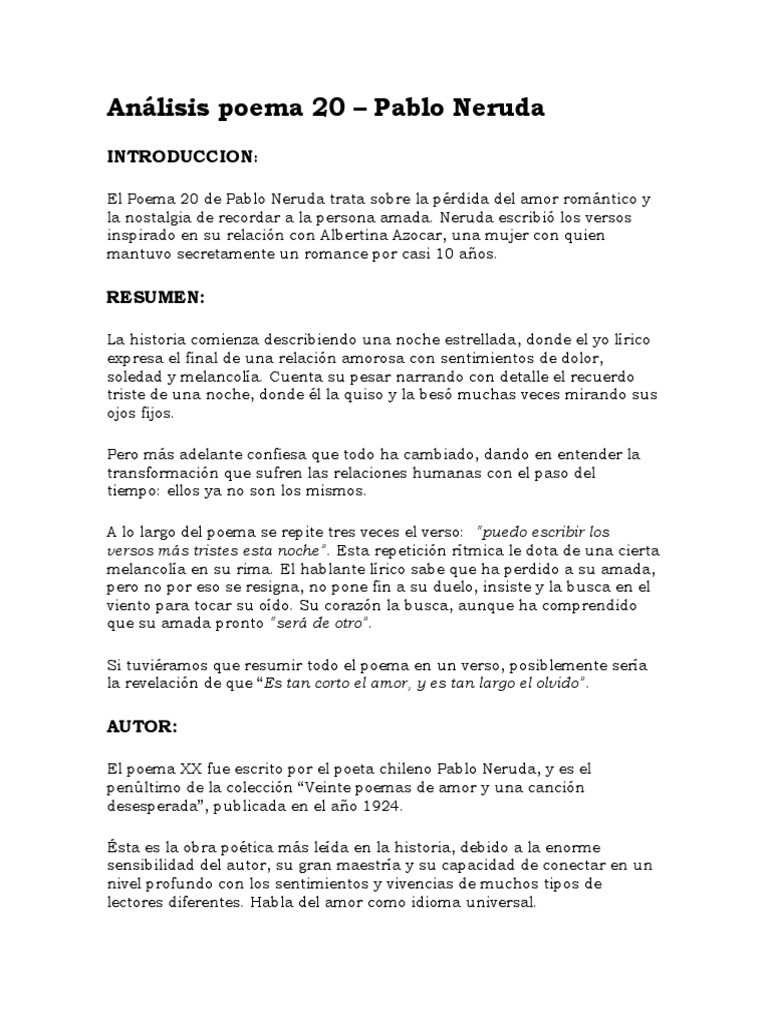 Análisis Poema 20 - Pablo Neruda: Introduccion | PDF | Poesía | Amor