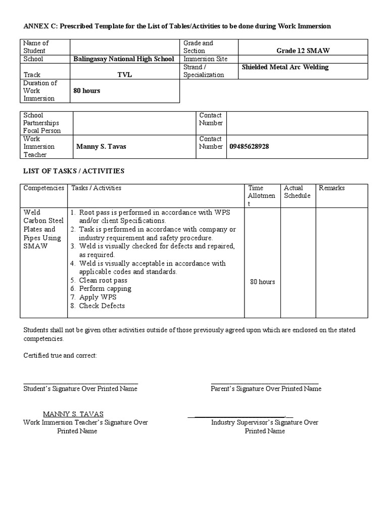 Work Immersion Tasks for SMAW Students | PDF