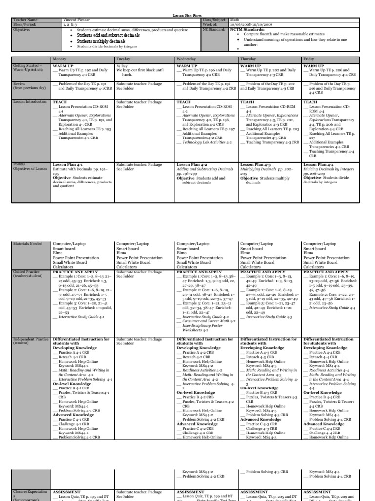 Lesson Plan Week 7 | PDF | Decimal | Lesson Plan