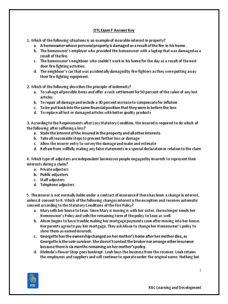 OTL Exam F Answer Key New | PDF | Insurance | Liability Insurance