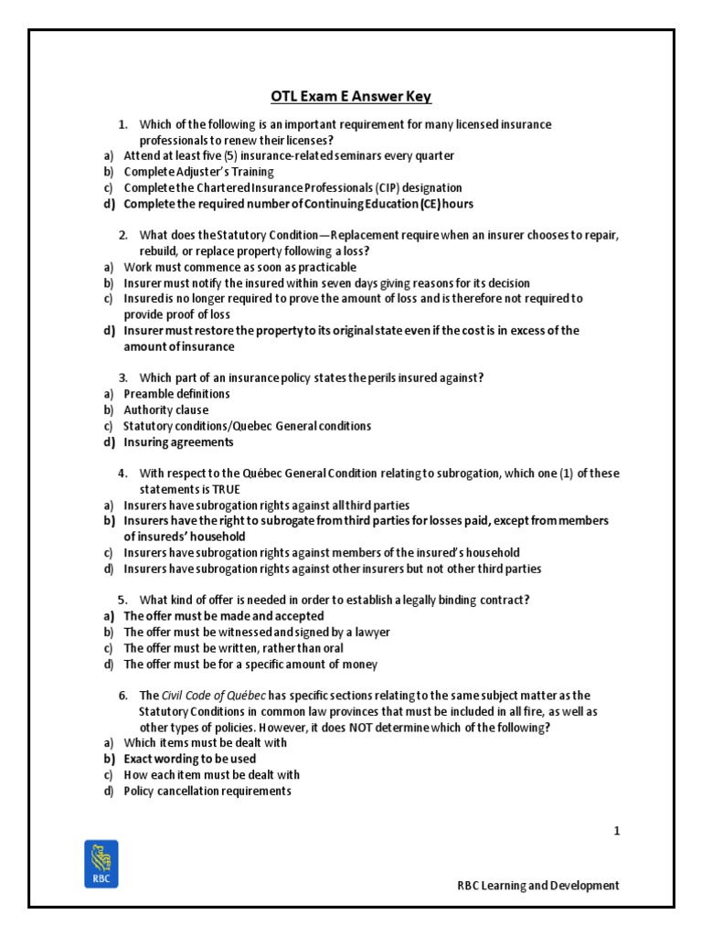 OTL Exam E Answer Key New | PDF | Home Insurance | Liability Insurance