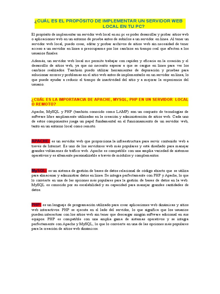 Cuál Es El Propósito de Implementar Un Servidor Web Local en Tu PC? | PDF | Mi sql | Servidor ...