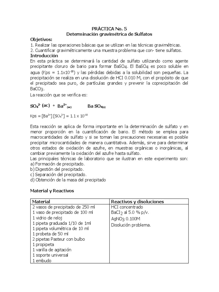 Determinación gravimétrica de sulfatos mediante precipitación con cloruro de bario y cálculo de ...
