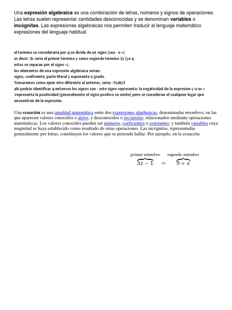 Una Expresión Algebraica Es Una Combinación de Letras | PDF ...