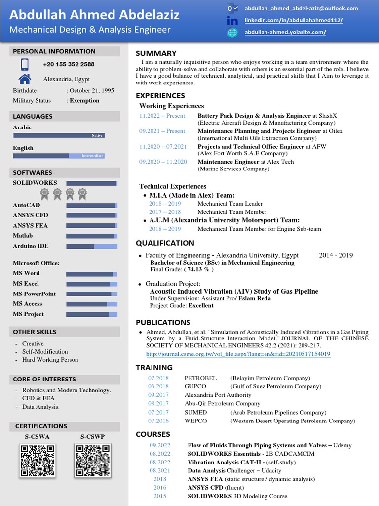 Abdullah Ahmed - Mechanical Engineer - (Resume) | PDF | Engineering | Physical Sciences