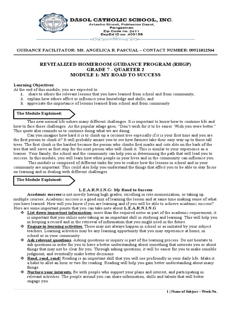 Revitalized Homeroom Guidance Program (RHGP) Grade 7 - Quarter 2 Module ...