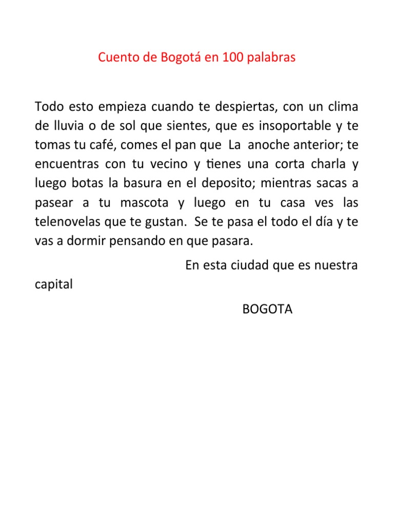 Cuento de Bogotá en 100 Palabras | PDF