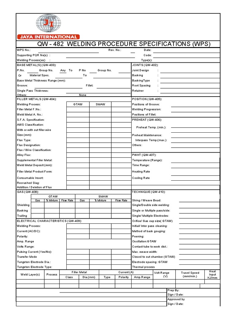 QW - 482 Welding Procedure Specifications (WPS) : BASE METAL (S) (QW-403) : JOINTS (QW-402) : or ...