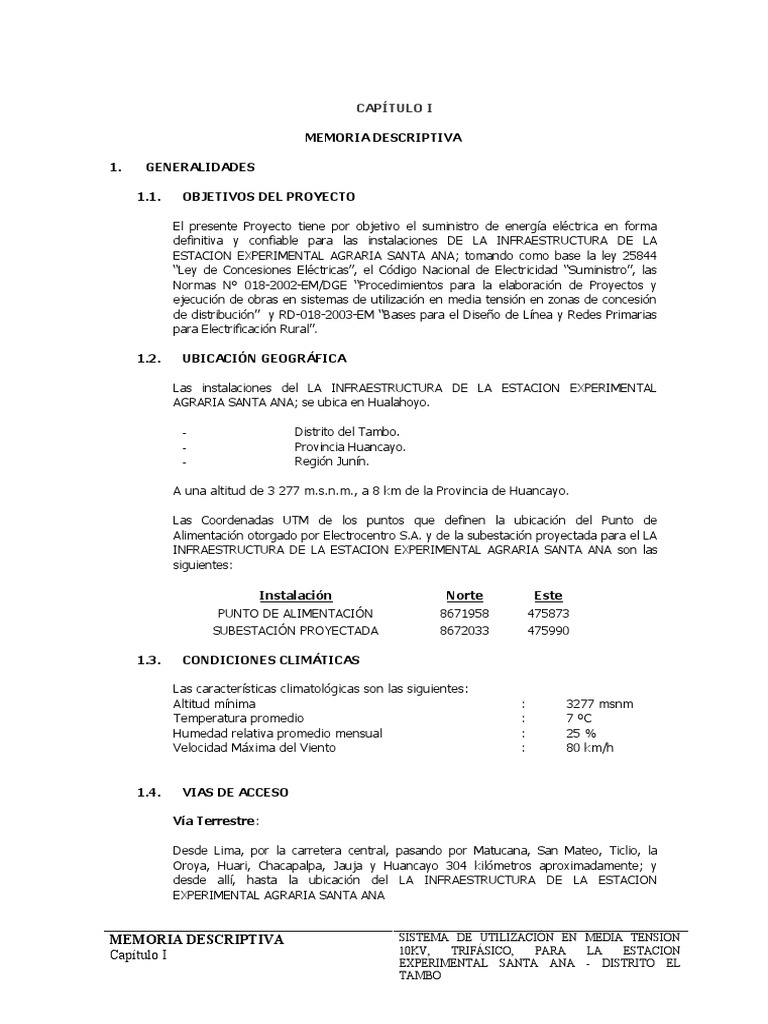 Memoria Descriptiva - INIA | PDF | Aislador (Electricidad) | Transformador