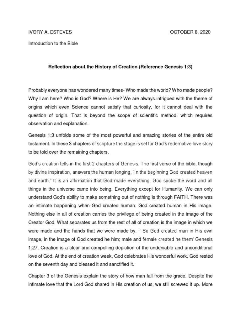 Reflection About The History of Creation (Reference Genesis 1:3) | PDF ...