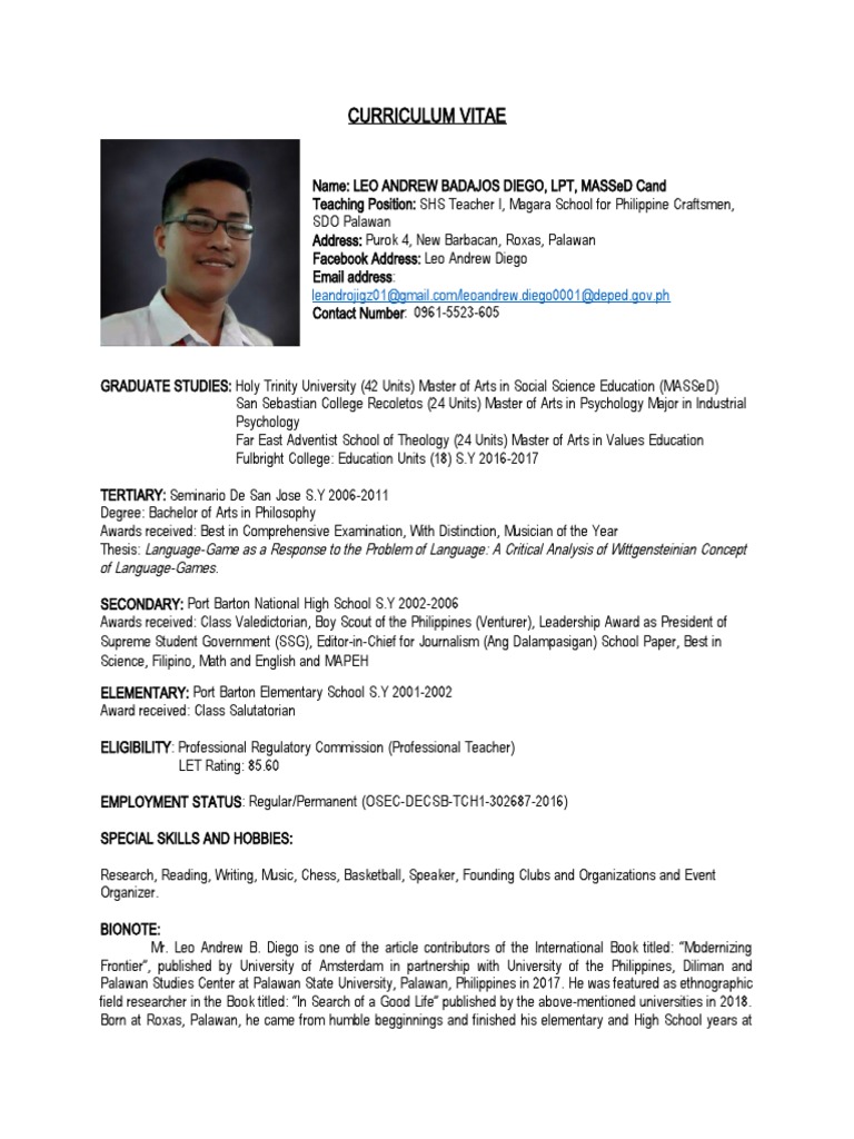 Curriculum Vitae Leo Andrew Diego | PDF | Educational Technology