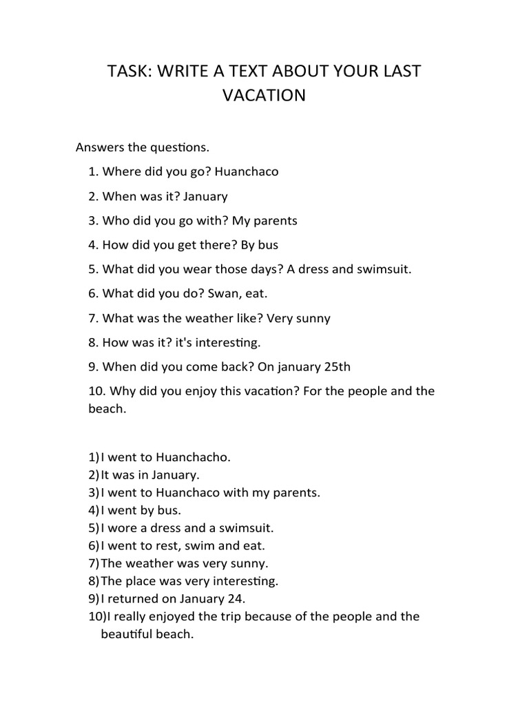 Task - Write A Text About Your Last Vacation | PDF