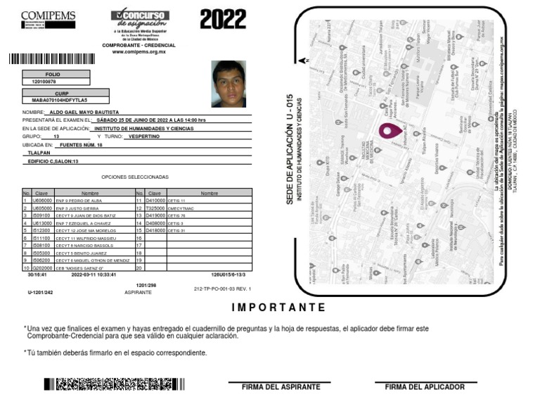 Comprobante Examen COMIPEMS 2022 | PDF