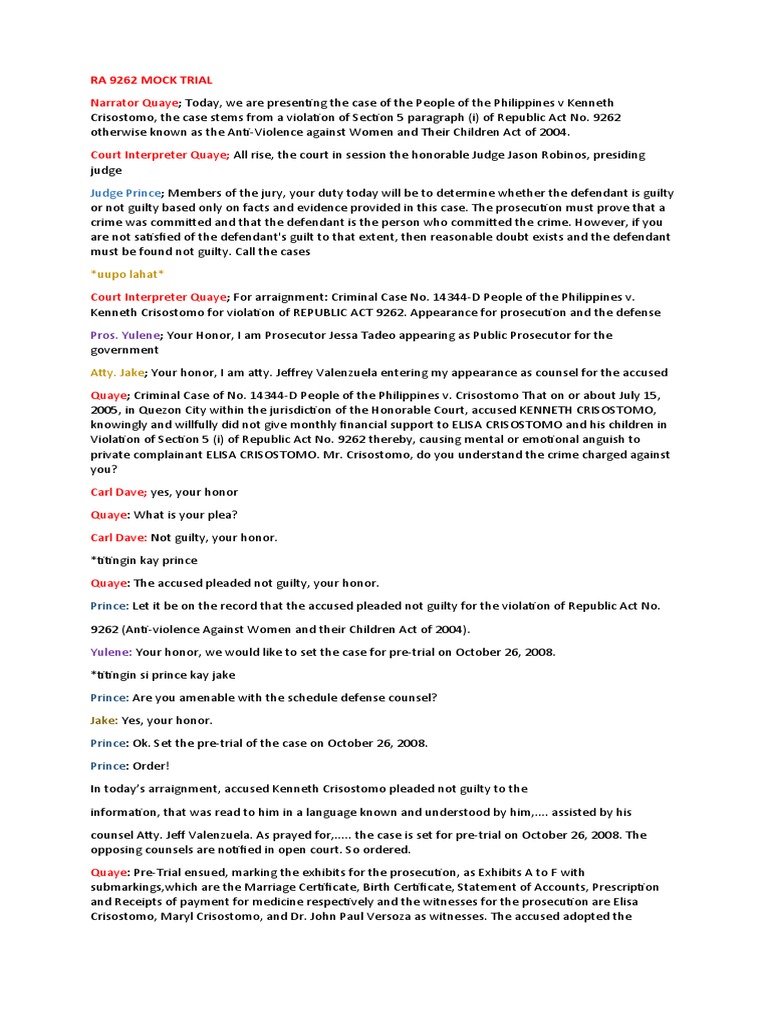Ra 9262 Mock Trial | PDF | Plea | Prosecutor