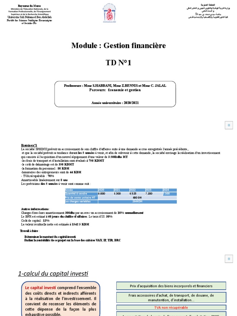 Module: Gestion Financière TD N°1: Parcours: Economie Et Gestion | PDF | Dépréciation | Taux de ...