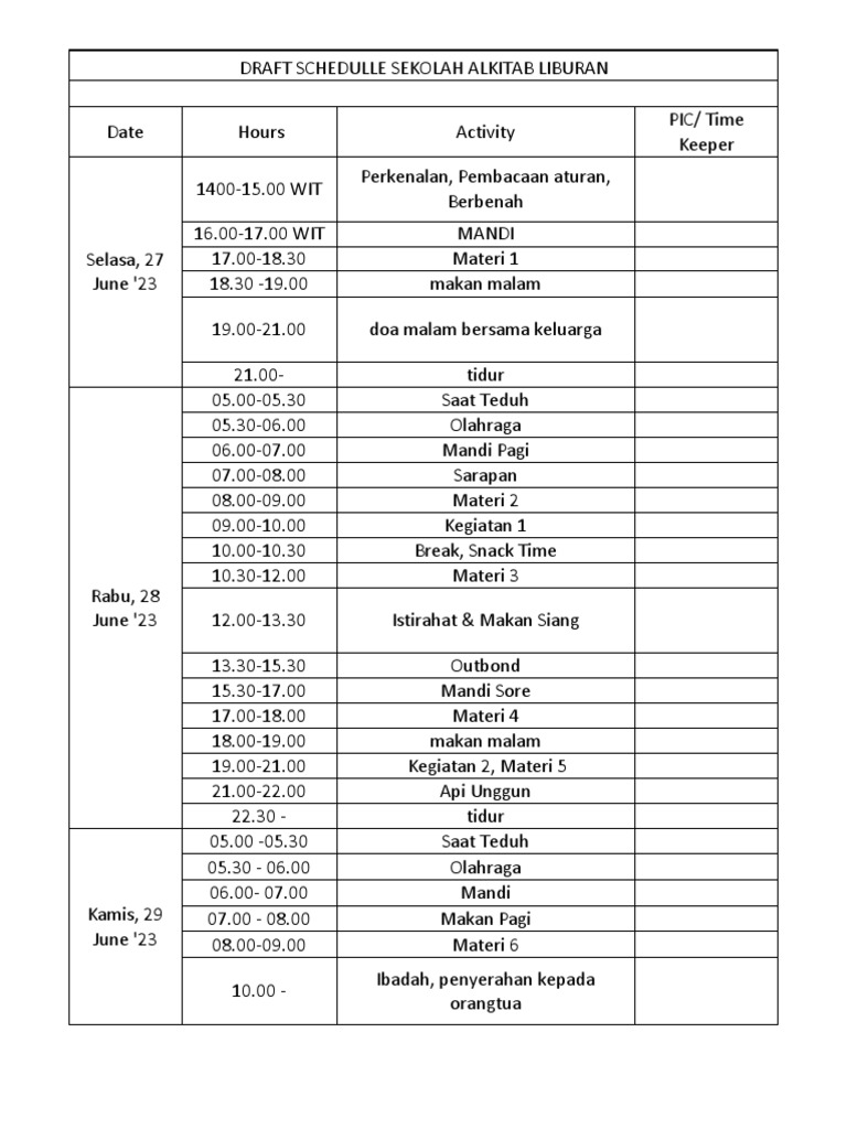 Draft Jadwal Dan Kegiatan Pdf