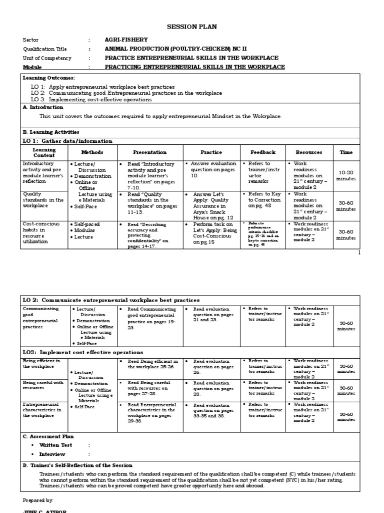 SESSION PLAN-Basic - UC-9 - Practicing-Entrepreneurial-Skills-in-the-Workplace | PDF | Lecture ...