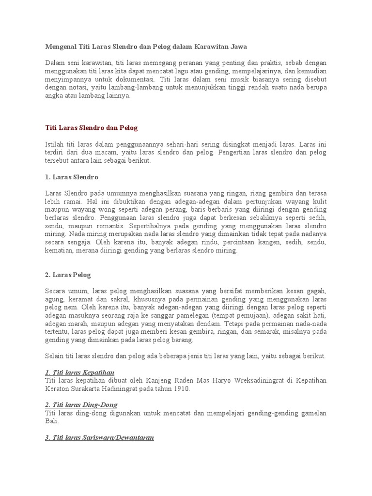 MATERI Mengenal Titi Laras Slendro Dan Pelog Dalam Karawitan Jawa | PDF