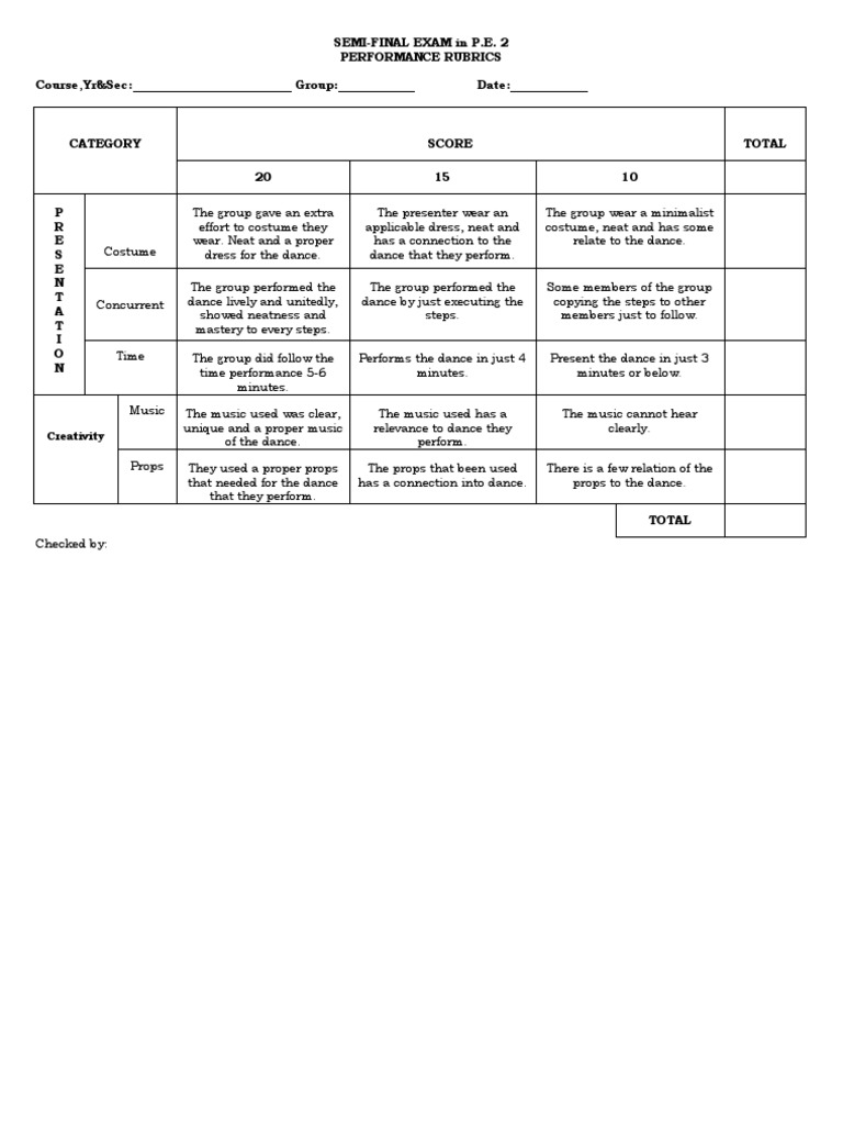 Rubrics For PE Semi Final | PDF