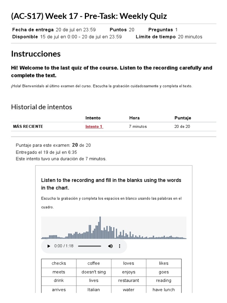 (AC-S17) Week 17 - Pre-Task - Weekly Quiz - INGLES I | PDF | Meal | Drink