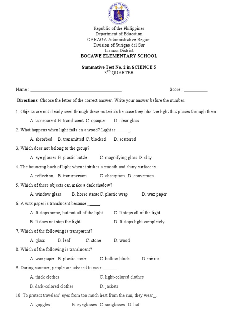 Summative Assessment on Light Properties and Basic Electric Circuits ...