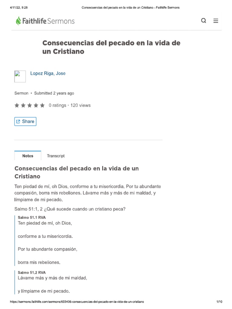 Consecuencias Del Pecado en La Vida de Un Cristiano - Faithlife Sermons | PDF