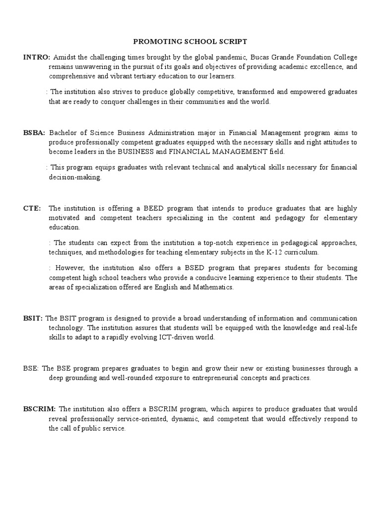 Promoting School Script | PDF