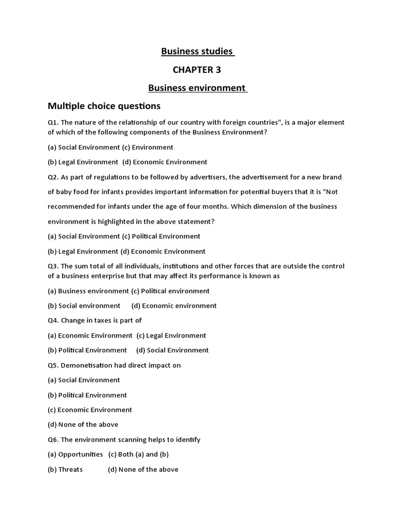 Business Studies Business Environment Multiple Choice Questions | PDF | Market (Economics ...