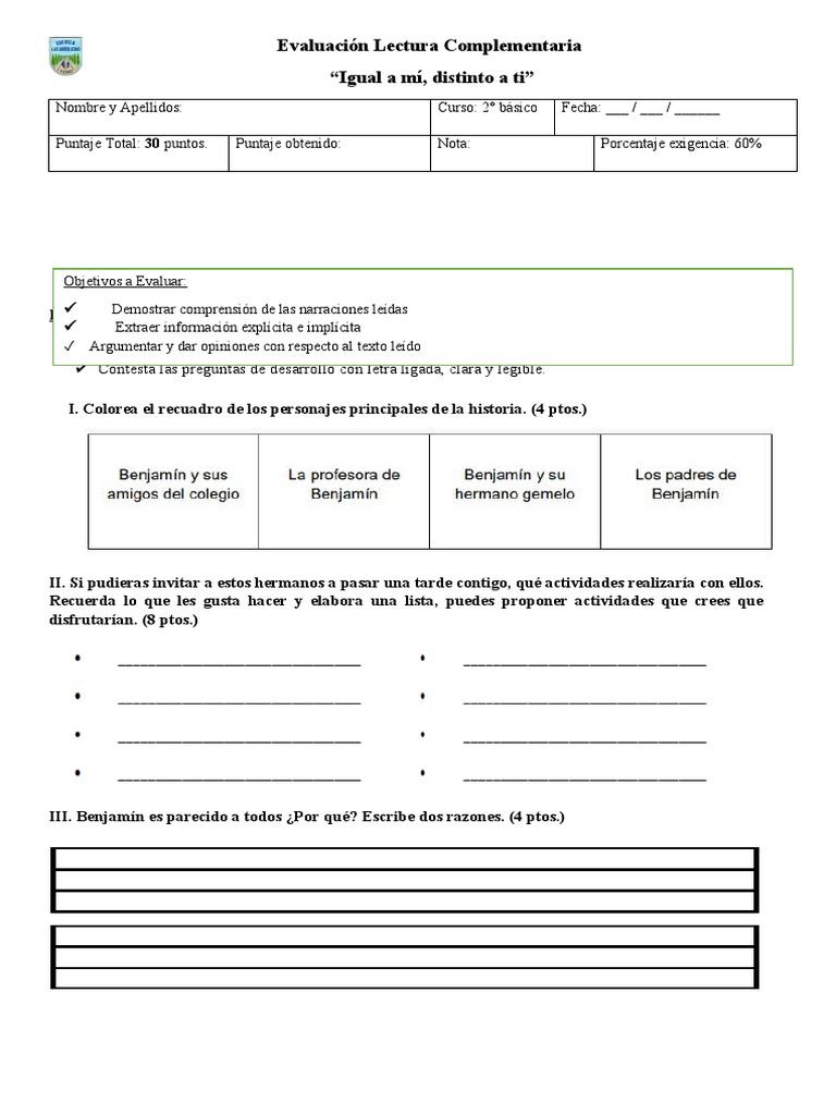 Evaluación Lectura Complementaria Igual A Mi, Distinto A Ti | PDF