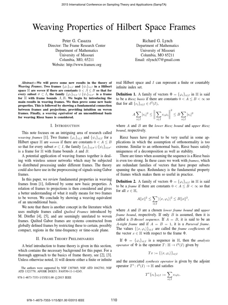 Weaving Properties of Hilbert Space Frames | PDF | Basis (Linear Algebra) | Hilbert Space