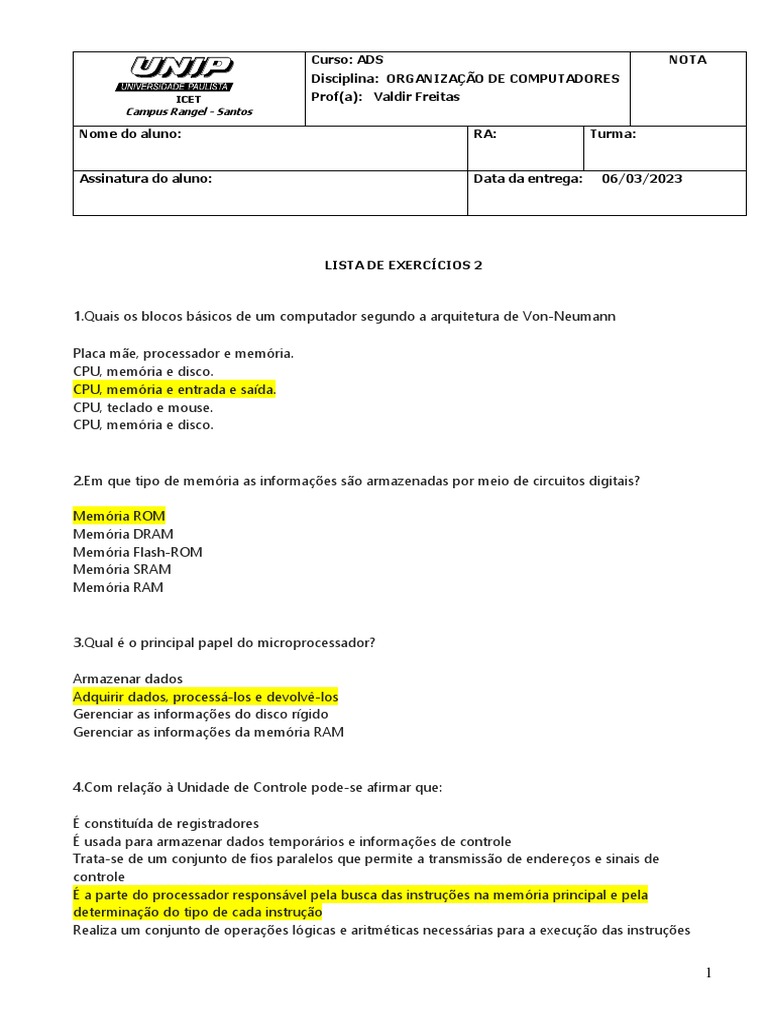 LISTA 2c - OC 2023 Unip ADS | PDF | Armazenamento de dados de ...
