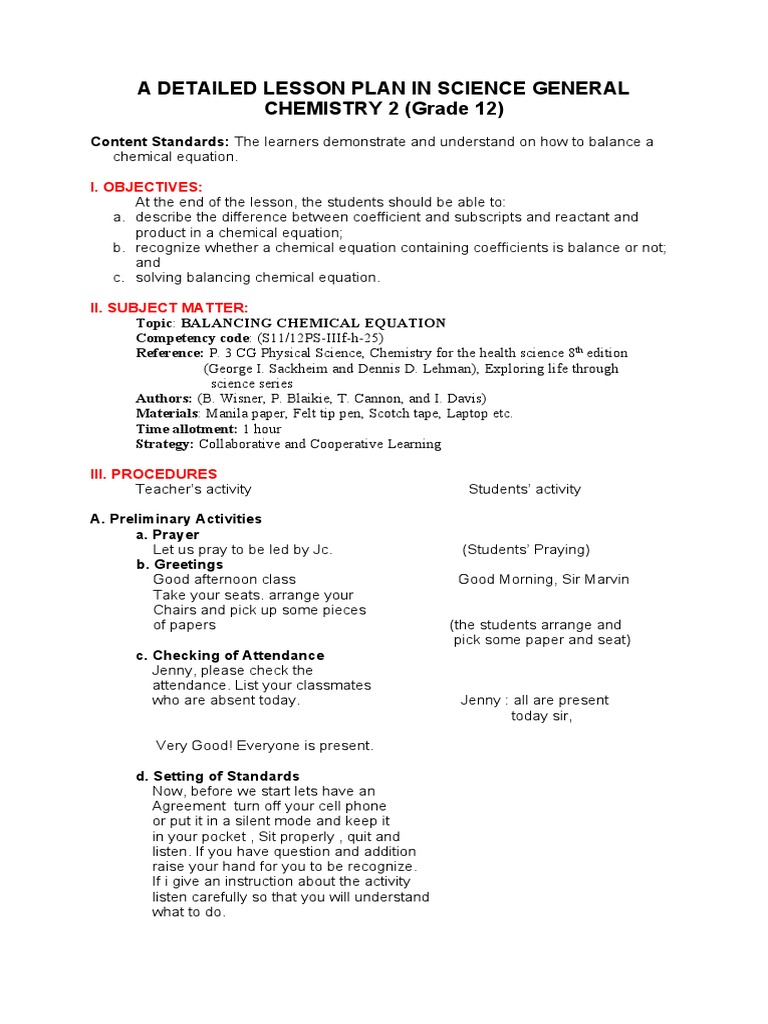 A Detailed Lesson Plan in Science General CHEMISTRY 2 (Grade 12 ...