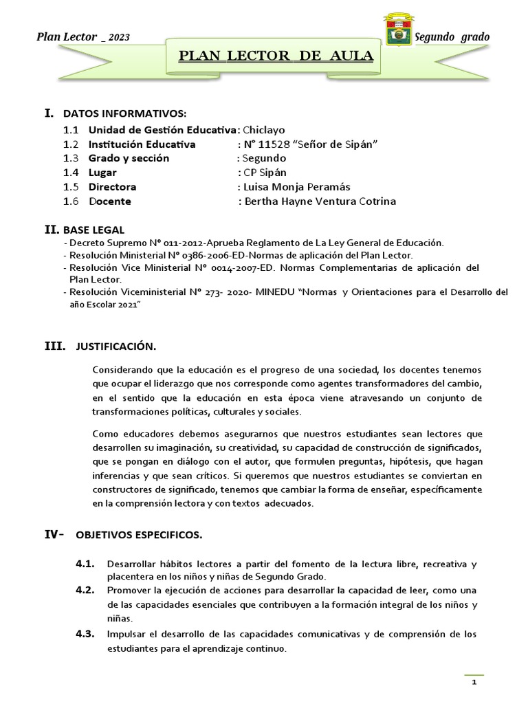 1ro - Plan Lector Con Bloque de Lecturas Selectas | PDF | Maestros | Salón de clases